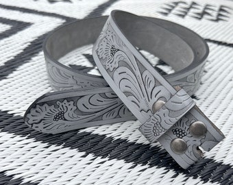 1.5'' Width Embossed Grey Leather Belt Strap - Tooled Gray 1.5'' Width Embossed Grey Leather Belt Strap - Tooled Gray