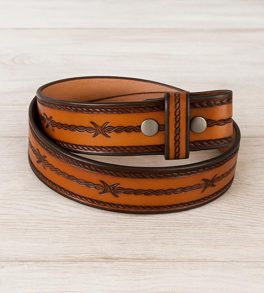 Tooled Leather Barbed Wire Print Belt Strap: Western Style Snap on Belt ...