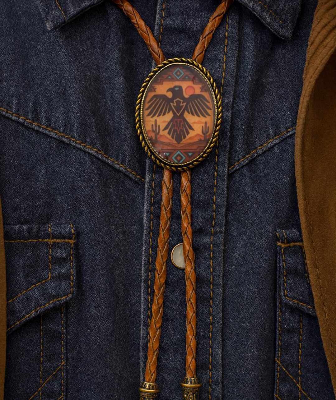 Thunderbird Bolo Tie: Western Leather Necktie, Eagle Orange Brown Cord ...