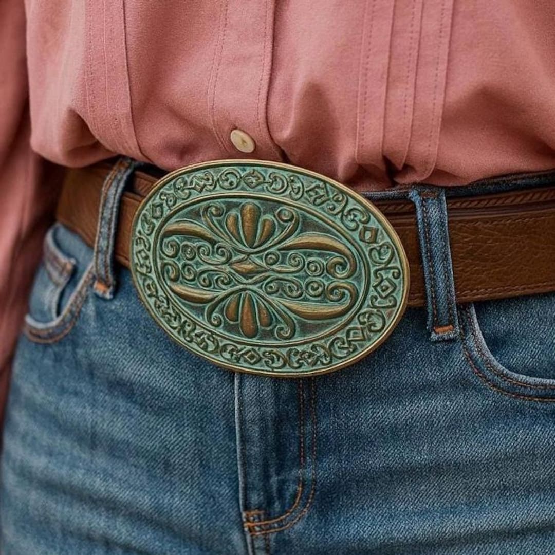 Antique Turquoise Patina Brass Belt Buckle: Engraved Western Cowgirl ...