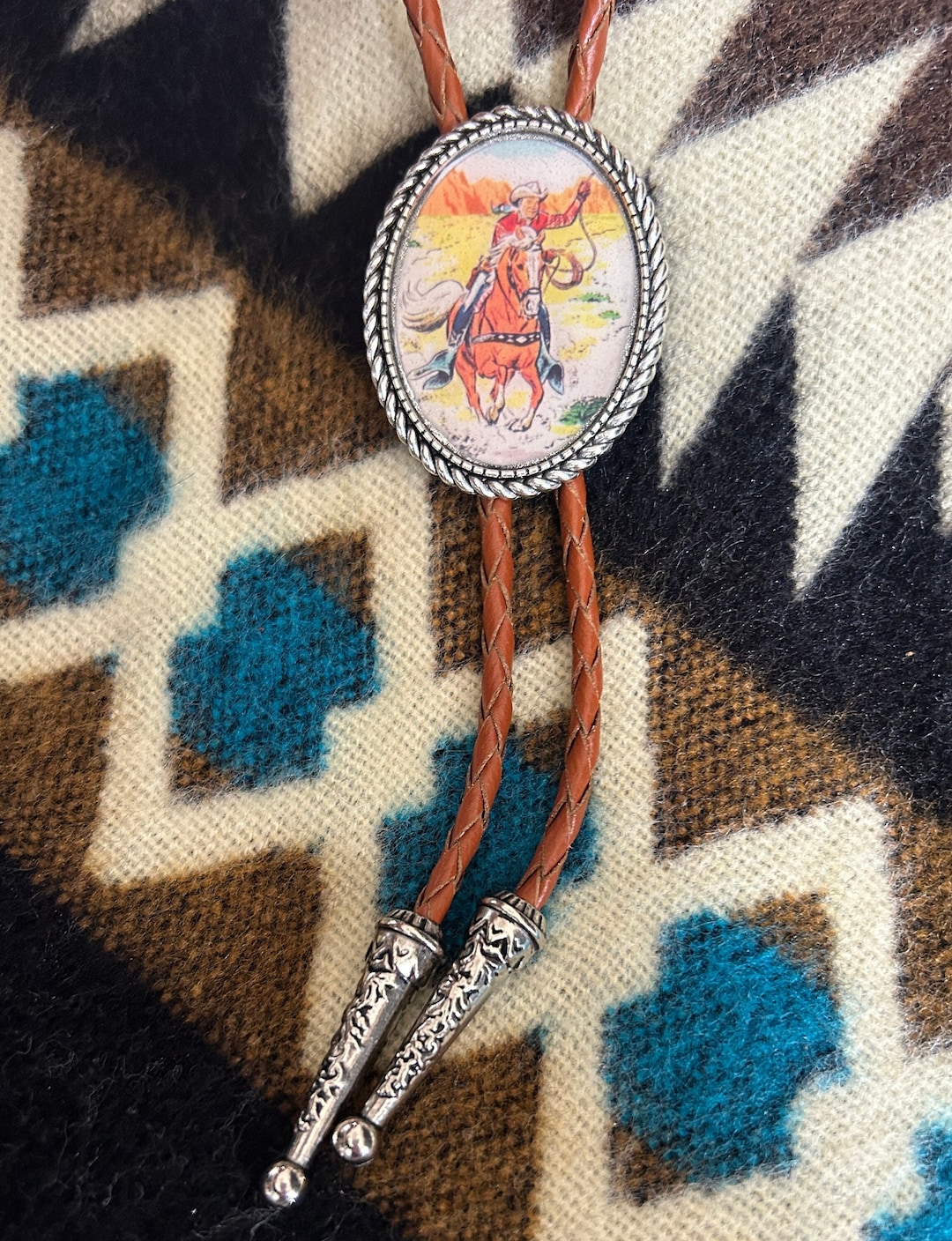 Vintage Cowboy Roping Bolo Tie Gifts for Him Cabochon Lariat Leather ...