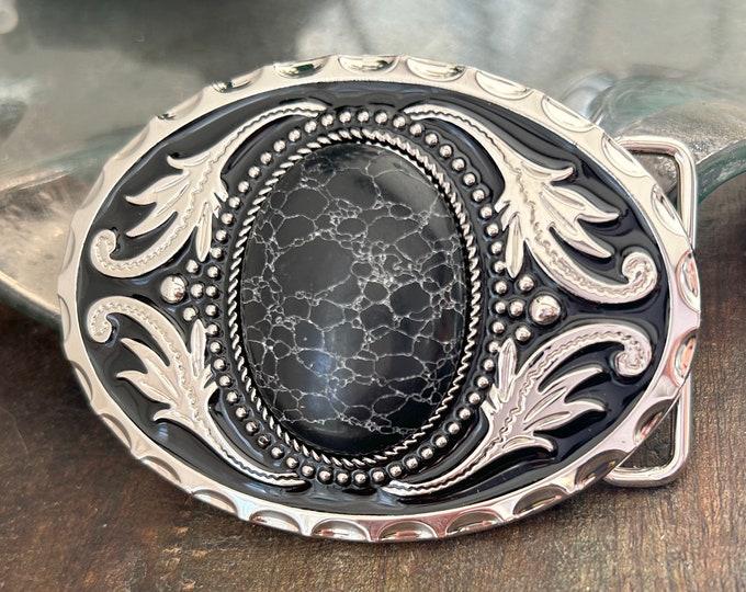 Vintage Buckle With Blue Stone Cabochon Silver Colored Enameled Base ...