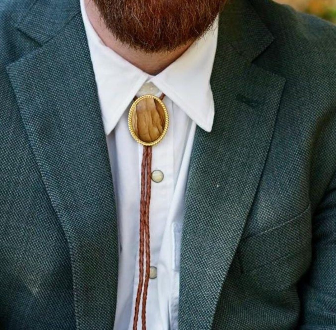 Southwestern Jasper Bolo Tie: Gold Tone & Brown Leather Necktie - Etsy