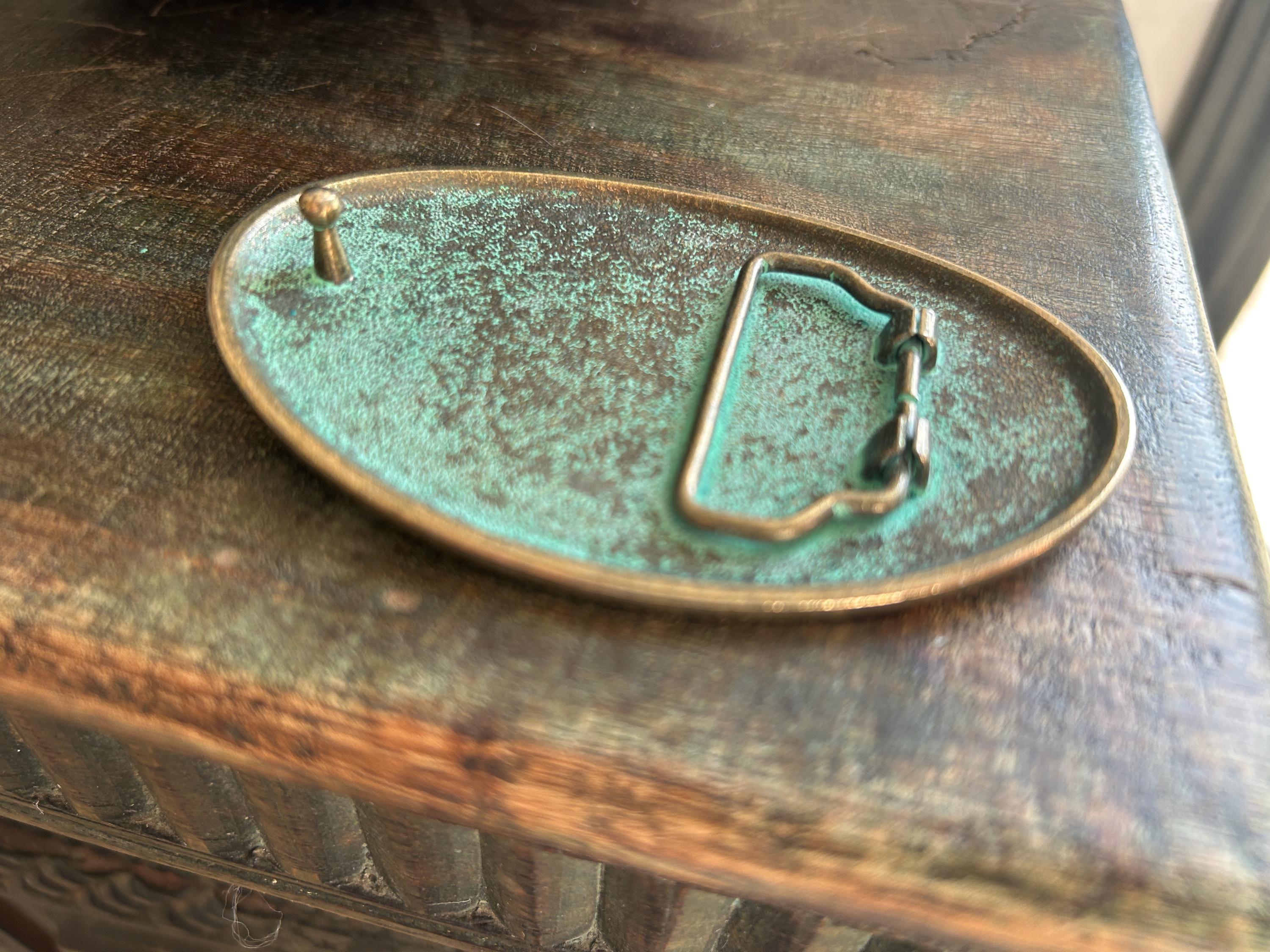 Antique Turquoise Patina Brass Belt Buckle: Engraved Western Cowgirl ...