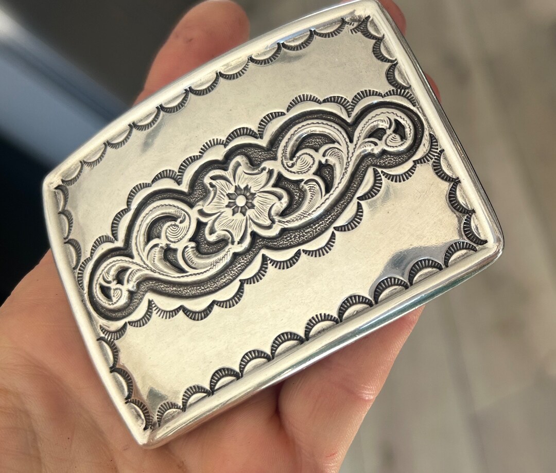 Large Engraved Silver Belt Buckle - Navajo Design Engraved Border ...