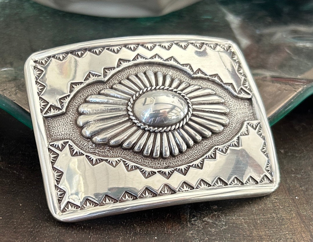 Large Engraved Silver Belt Buckle - Navajo Design Engraved Border ...