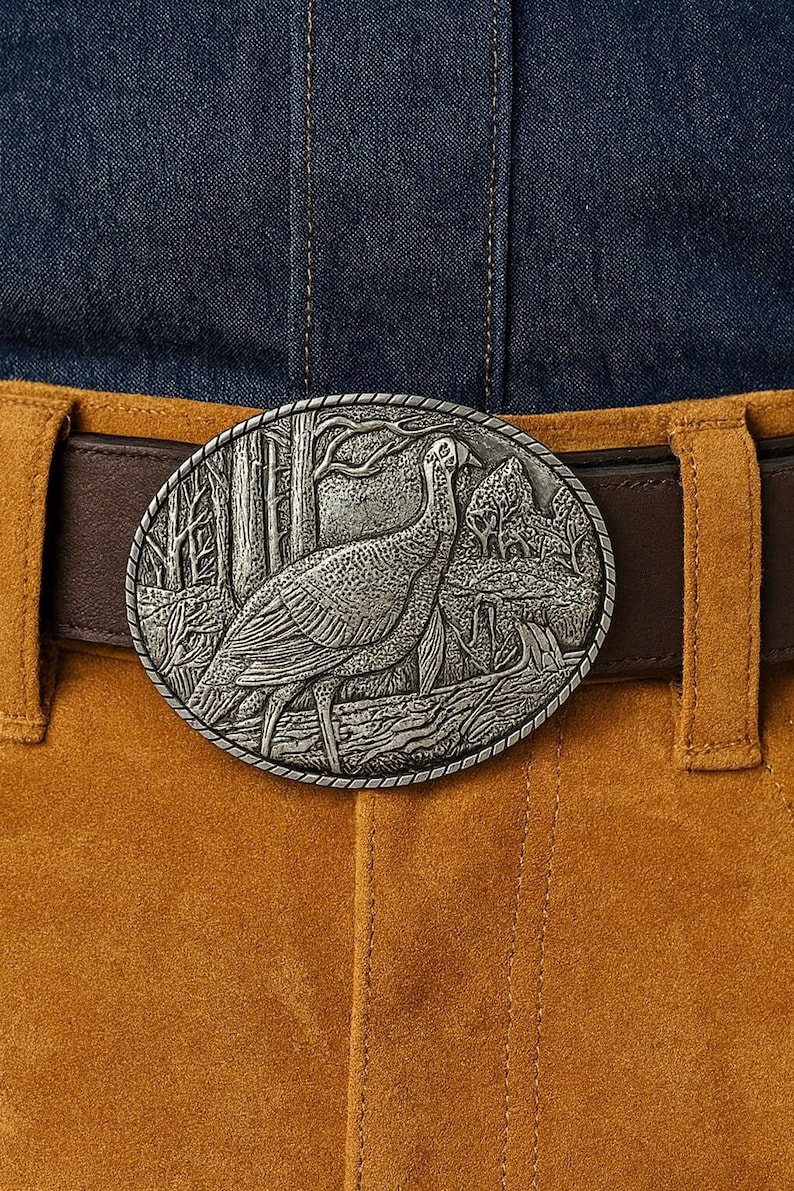 Silver Turkey Belt Buckle: Engraved Hunting Scene, Made in USA - Etsy