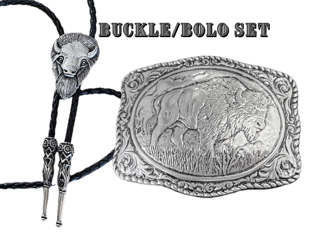 Buffalo Belt Buckle and Bolo Tie Set Silver Texas Southwestern Slide ...