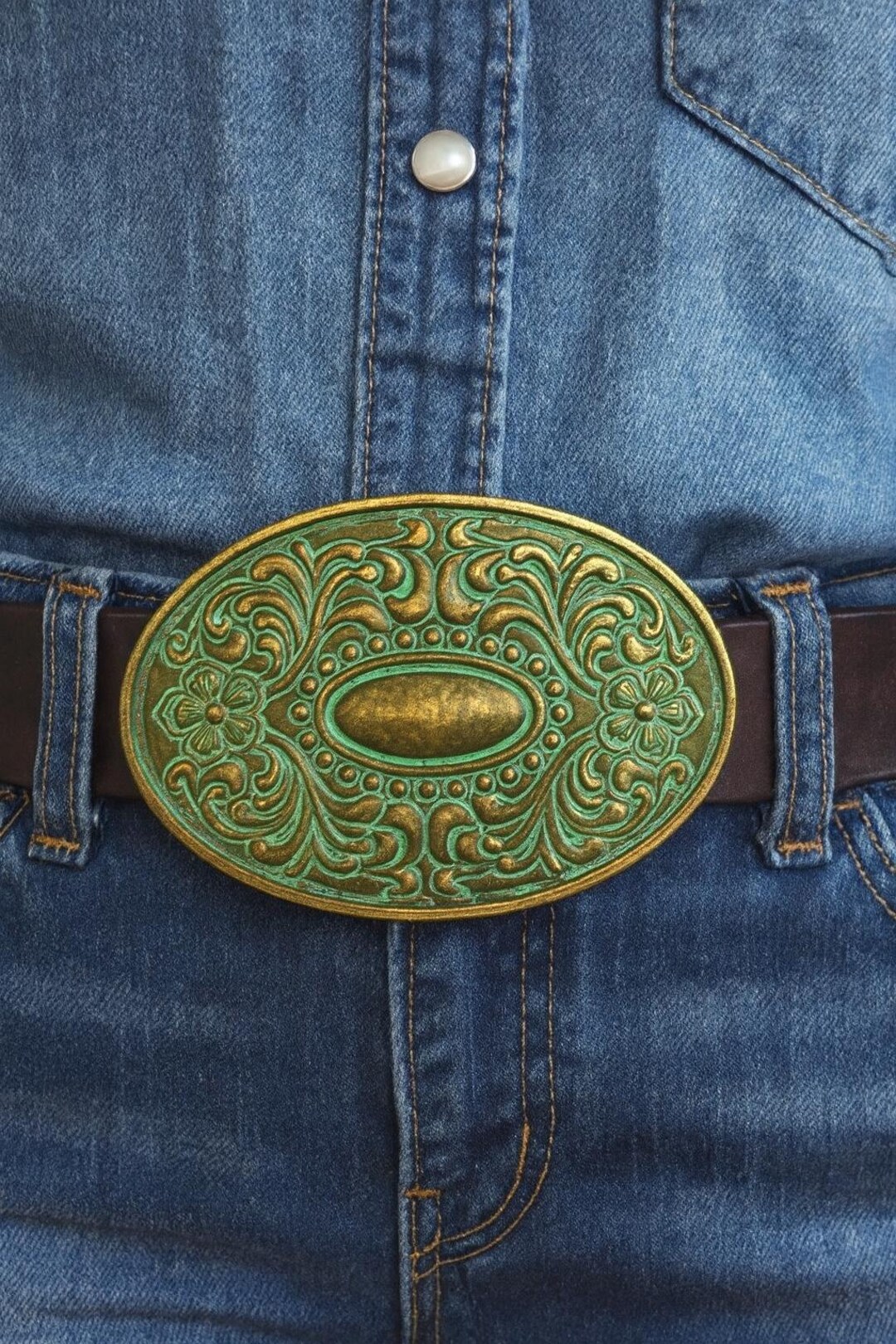 Antique Turquoise Brass Belt Buckle - Patina - Oval Engraved Western ...