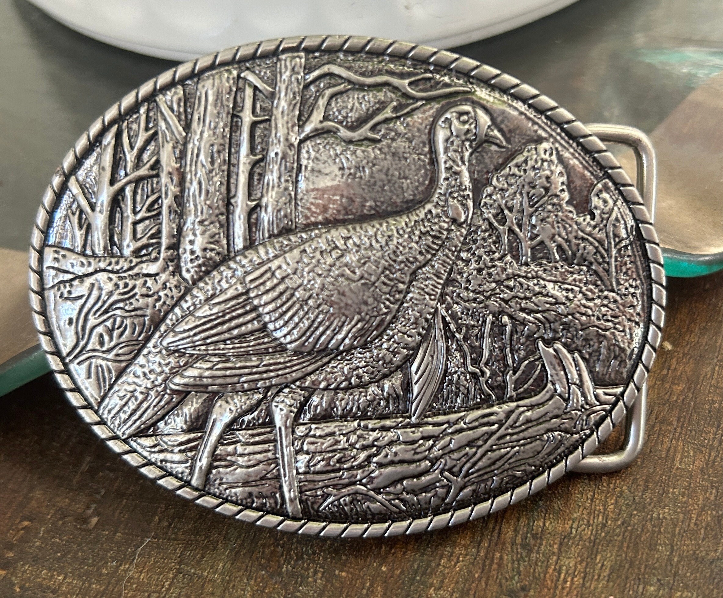Silver Turkey Belt Buckle: Engraved Hunting Scene, Made in USA - Etsy