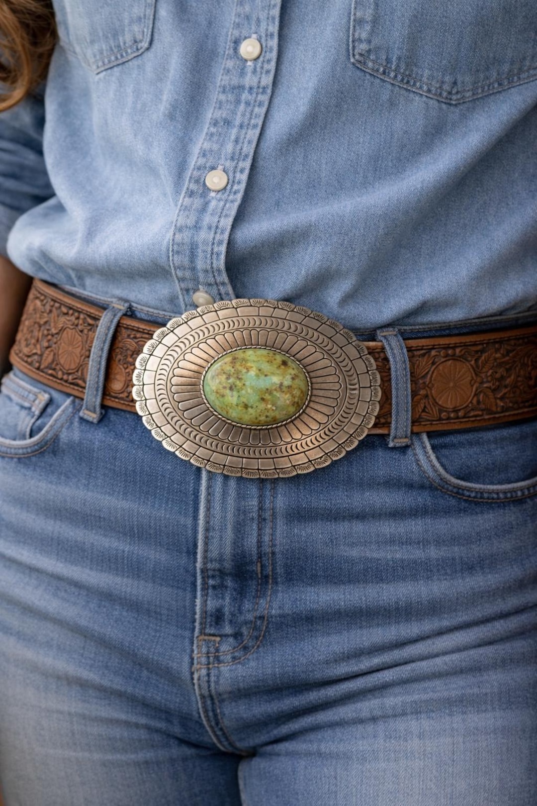 Teal Turquoise Stone Belt Buckle: Western Cowboy Silver Concho, Fits 1. ...