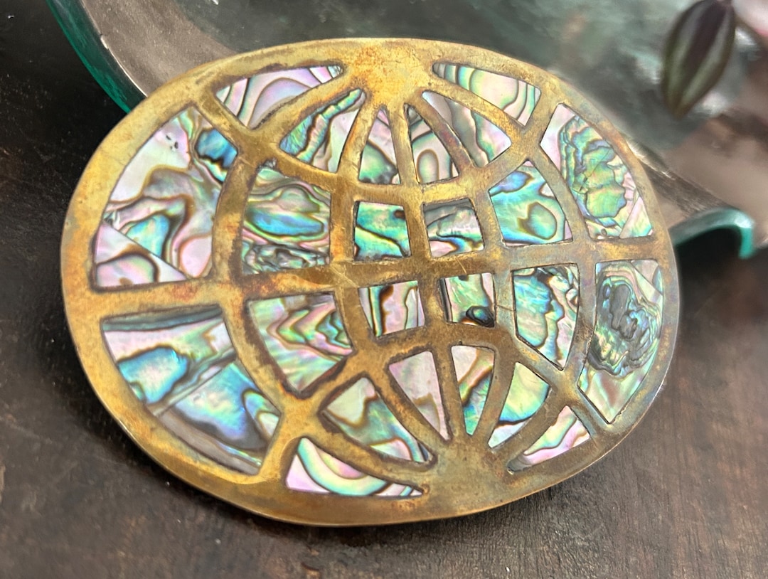 Vintage Abalone Shell Inlay Belt Buckle Brass Backing Inlay Oval Atlas ...