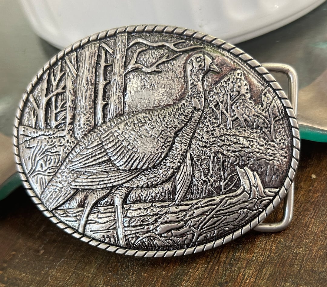 Silver Turkey Belt Buckle: Engraved Hunting Scene, Made in USA - Etsy