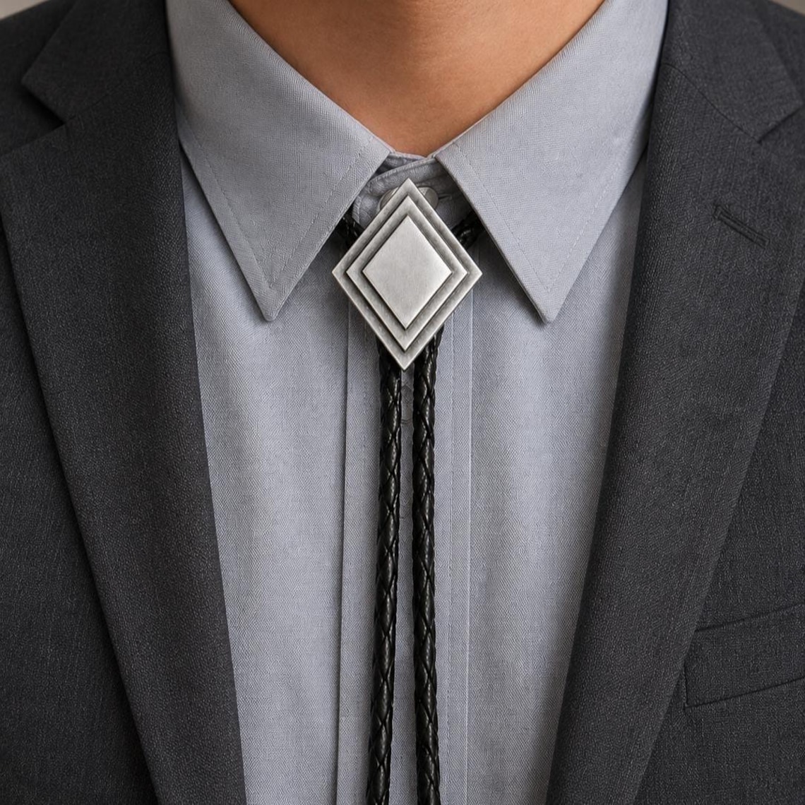 Silver Diamond Bolo Tie : Black Leather Cord Cowboy Necktie - Etsy