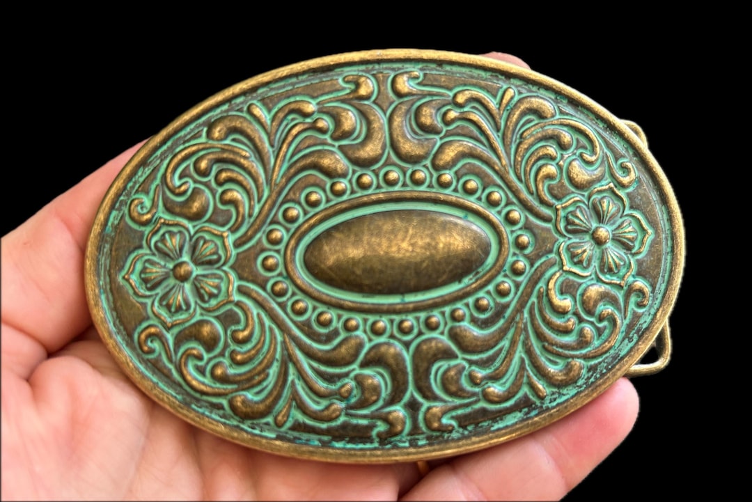 Antique Turquoise Brass Belt Buckle - Patina - Oval Engraved Western ...