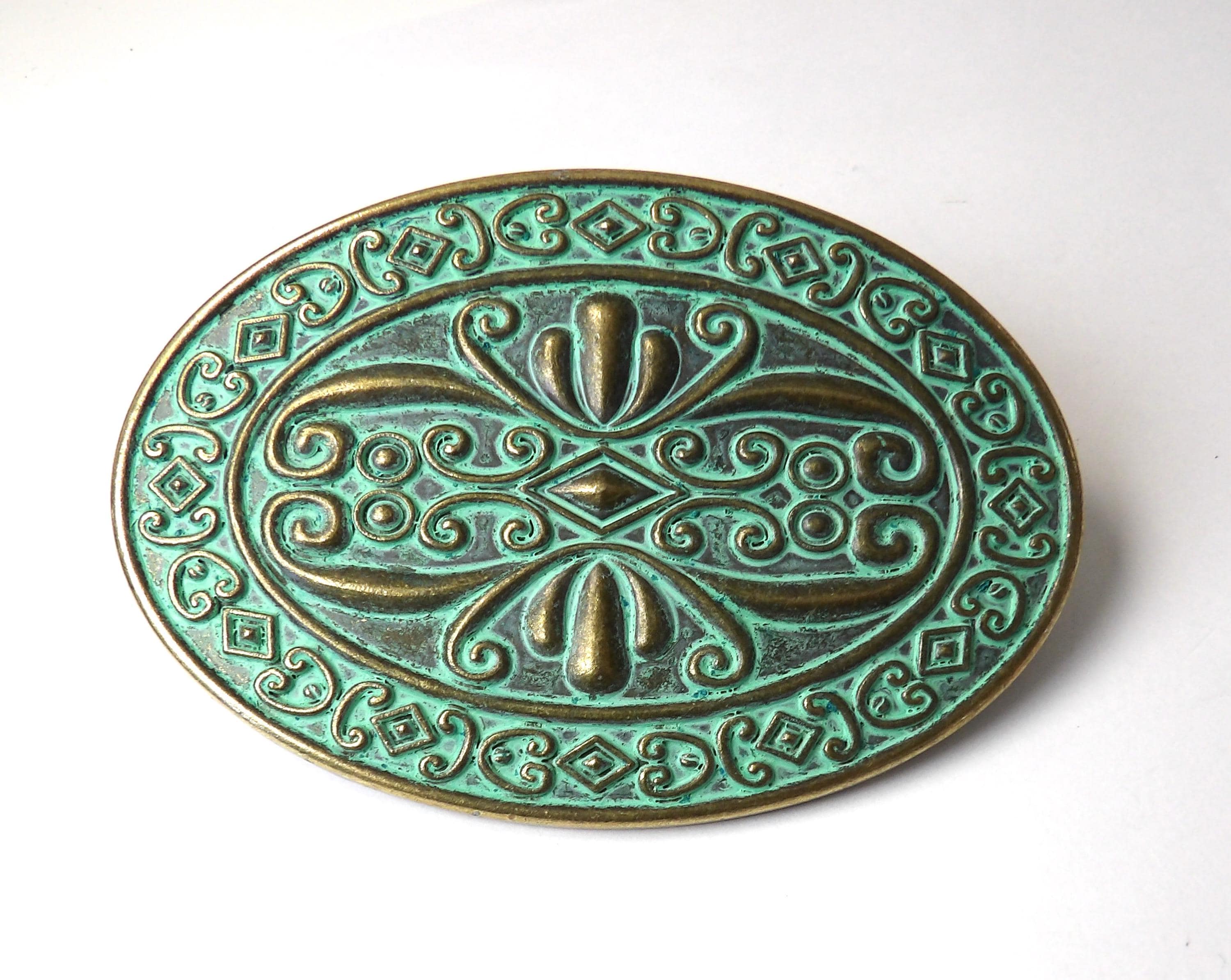 Antique Turquoise Patina Brass Belt Buckle: Engraved Western Cowgirl ...