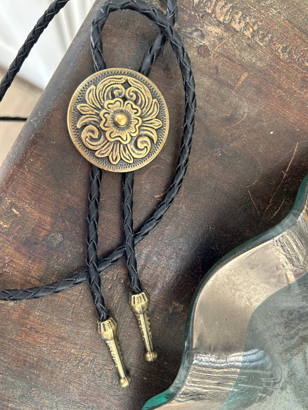 Brass Concho Bolo Tie Gifts for Him Lariat Leather Cowboy Necktie ...