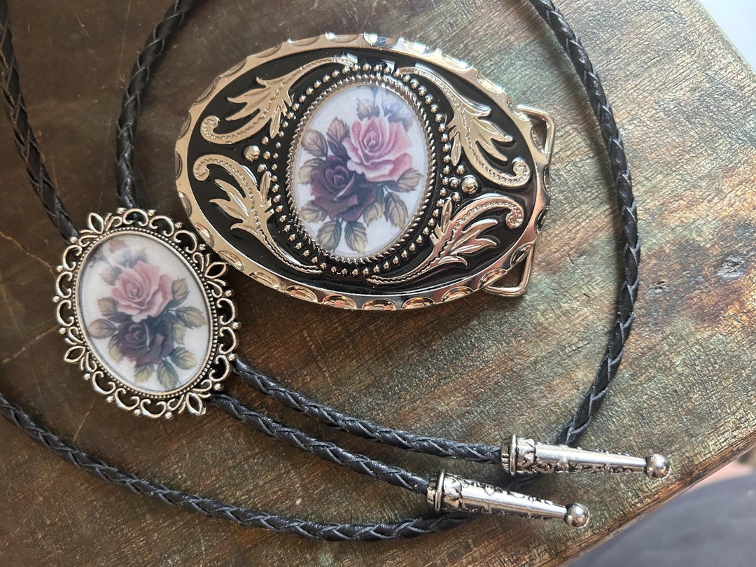 Floral Belt Buckle and Bolo Tie Set - Western Gifts for Her Leather ...