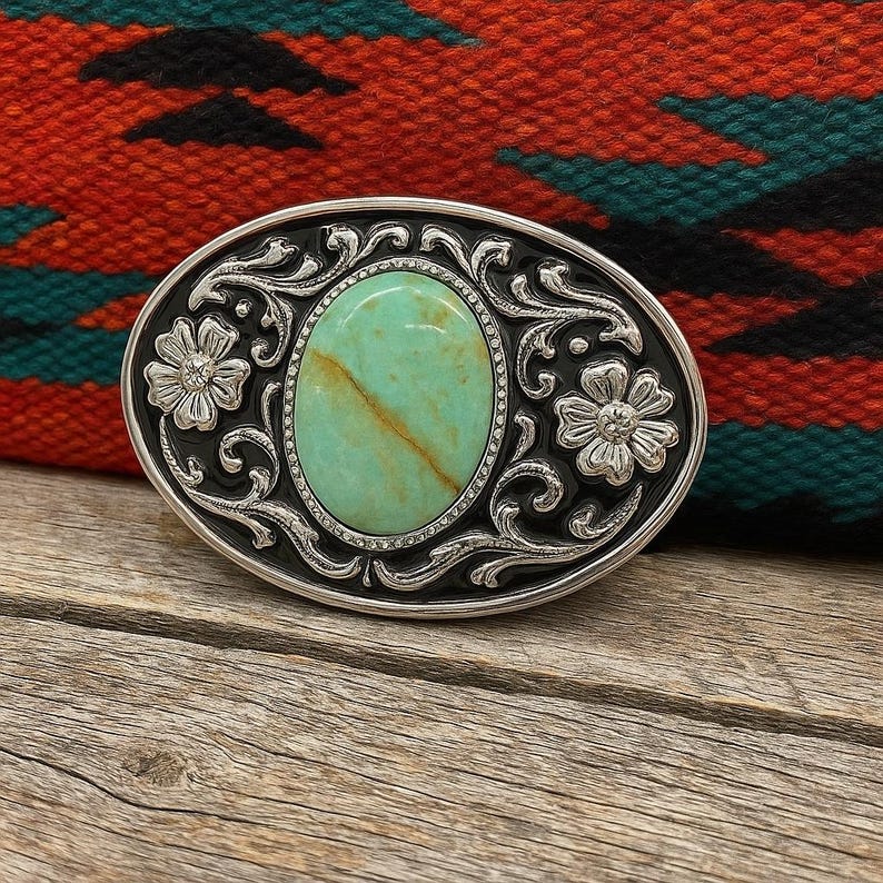 Turquoise Stone Belt Buckle: Engraved Western Silver Design - Etsy