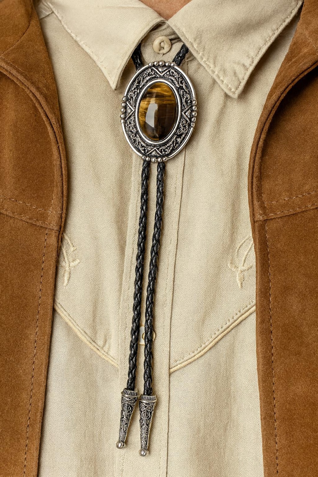 Tigers Eye Bolo Tie : Southwestern Leather Cowboy Necktie - Etsy