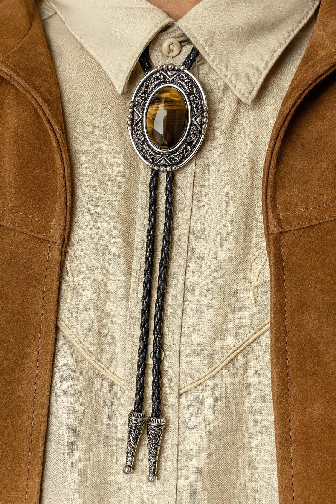 Tigers Eye Bolo Tie : Southwestern Leather Cowboy Necktie - Etsy