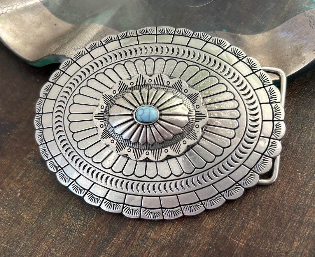 Large Turquoise Stone Belt Buckle: Western Cowboy Silver Concho, Fits 1 ...