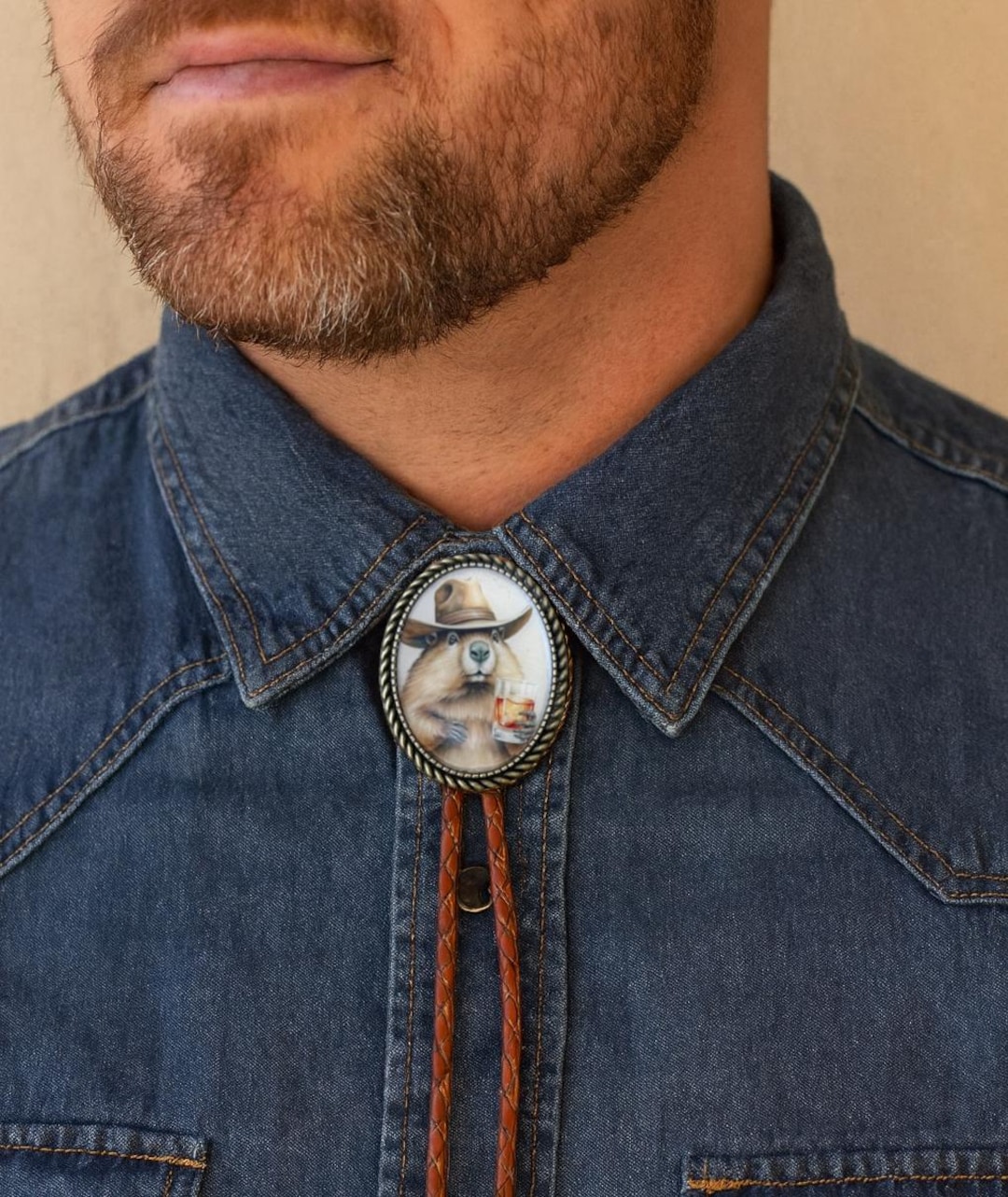 Bourbon Beaver Bolo Tie : Western Leather Necktie, Animal Musician - Etsy