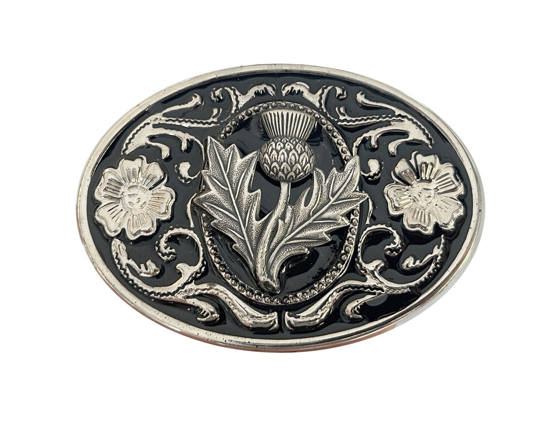 Silver Thistle Belt Buckle Plant Leaf Flower Green Western Silver ...