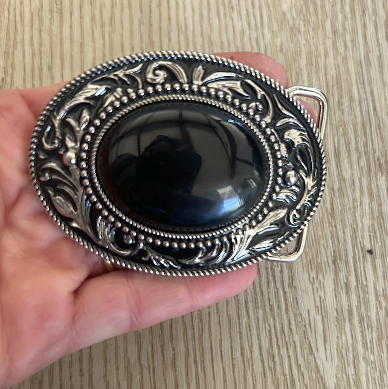 Black Onyx Stone Belt Buckle: Western Silver Engraved Design - Etsy
