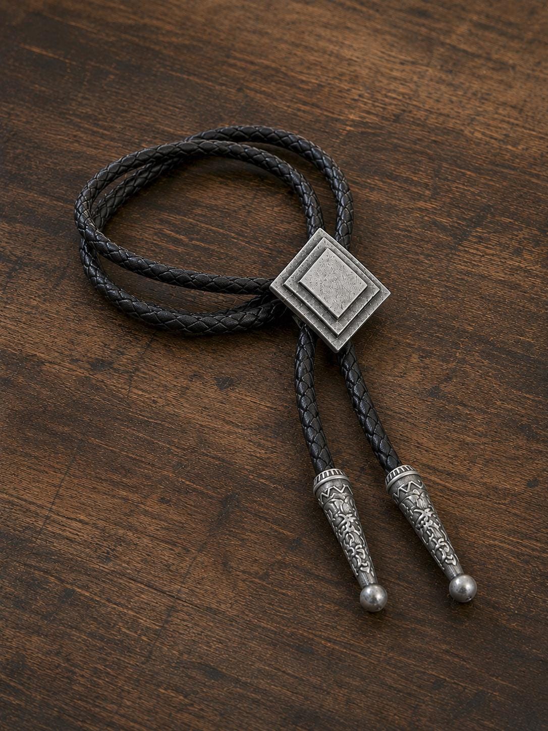 Silver Diamond Bolo Tie : Black Leather Cord Cowboy Necktie - Etsy