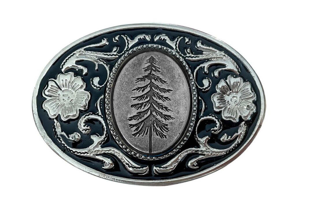 Pine Tree Belt Buckle - Mountain Western Silver Engraved - Men's Womens ...