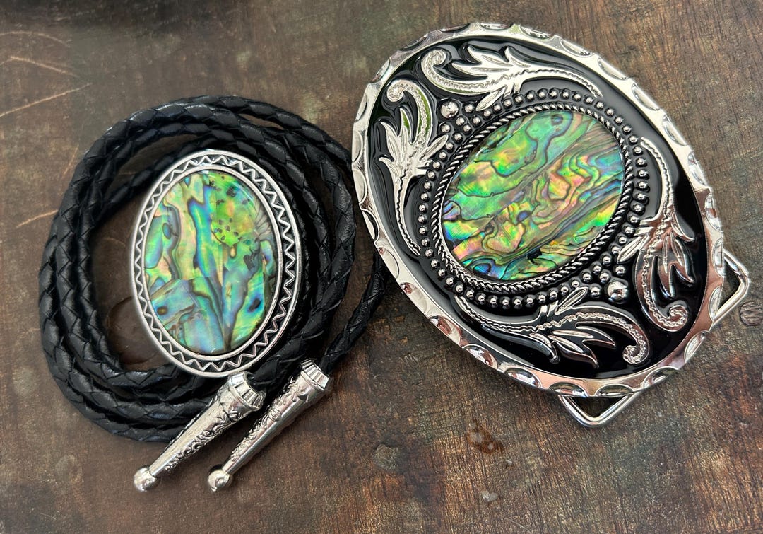 Abalone Shell Bolo Tie & Buckle Set : Western Leather Necktie - Etsy