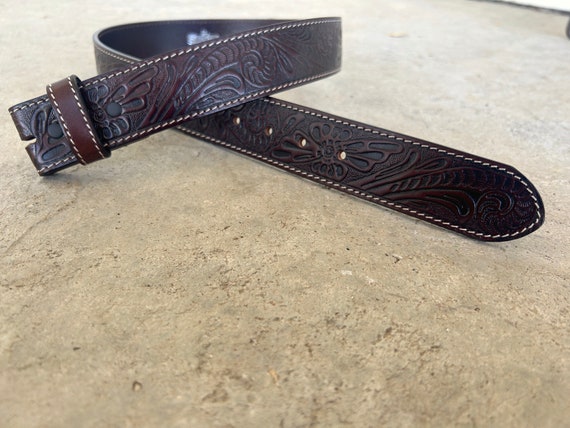 Dark Brown Tooled Leather Snap Belt Strap - 100% Full… - Gem