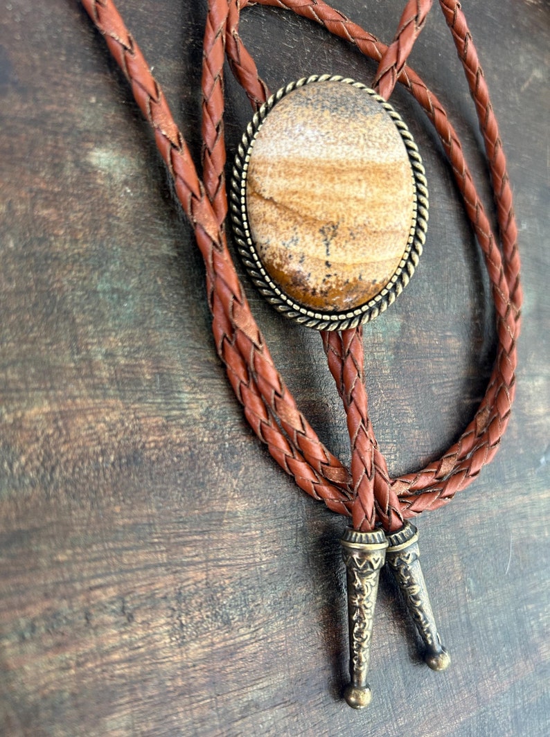 Picture Jasper Bolo Tie : Brown Leather Cord, Southwestern Design - Etsy