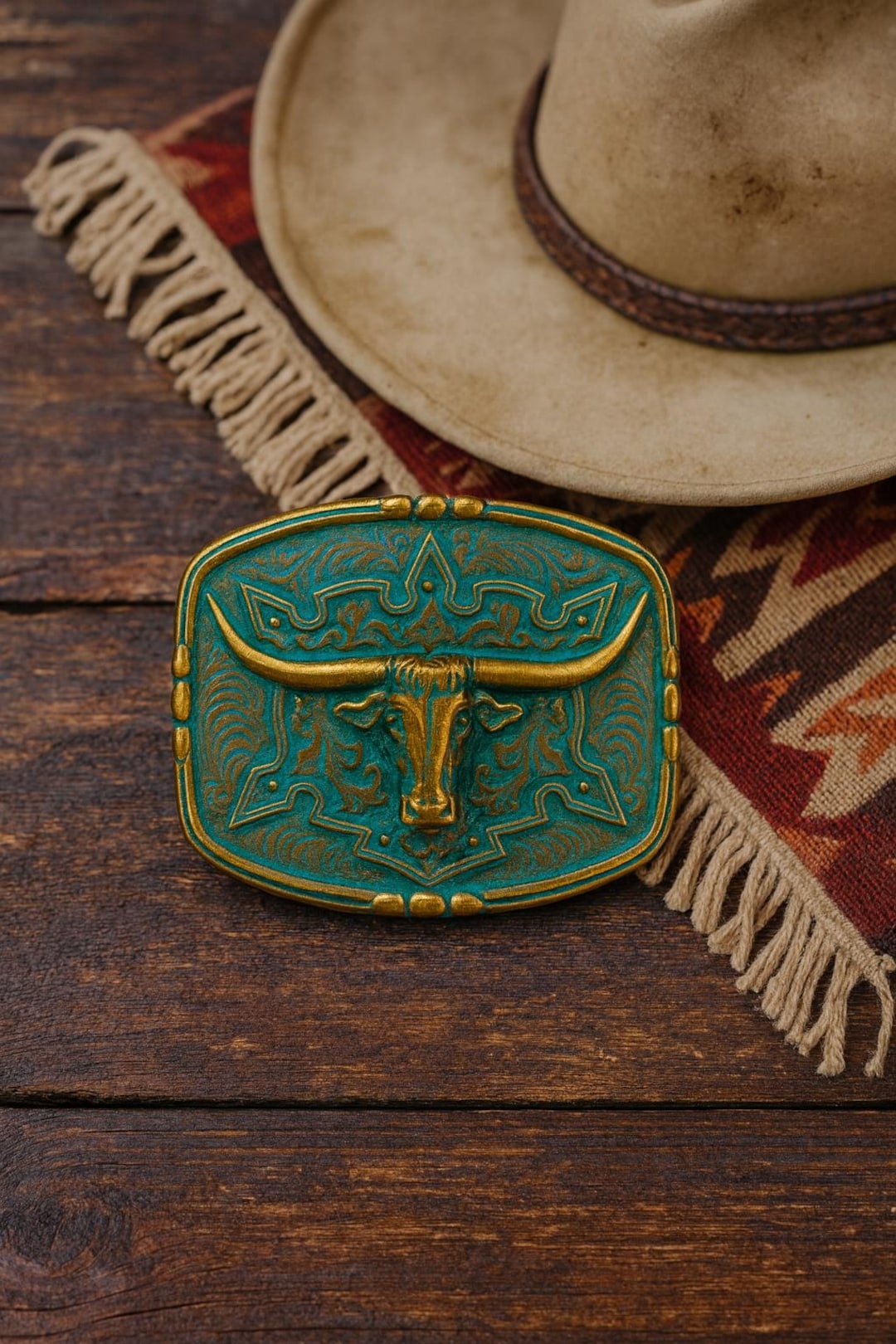 Longhorn Steer Skull Belt Buckle : Patina Western Cowboy Bull Cow Green ...