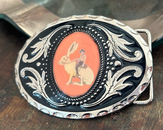 Cowboy Riding Jackrabbit Belt Buckle - Western Style Beautiful Silver ...