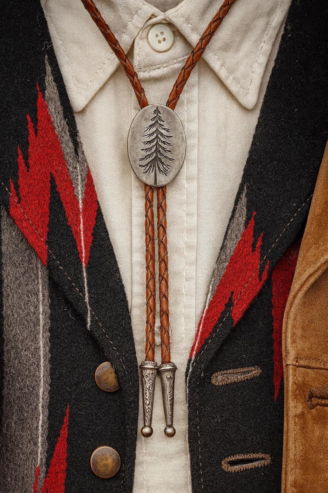 Engraved Tree Bolo Tie: Pine Forest Moon, Leather Cowboy Necktie ...