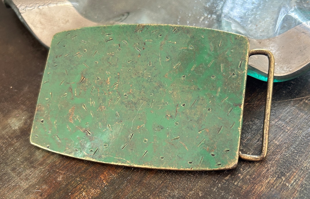 Vintage Large Turquoise Brass Belt Buckle - Patina - Rectangle Engraved ...
