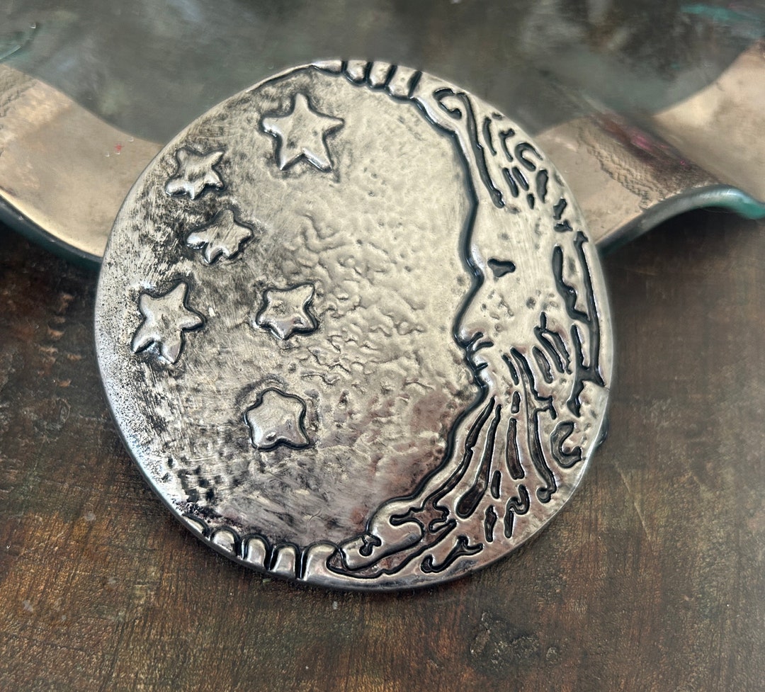 Large Handmade Moon Face Belt Buckle - Silver Man on Moon Stars ...