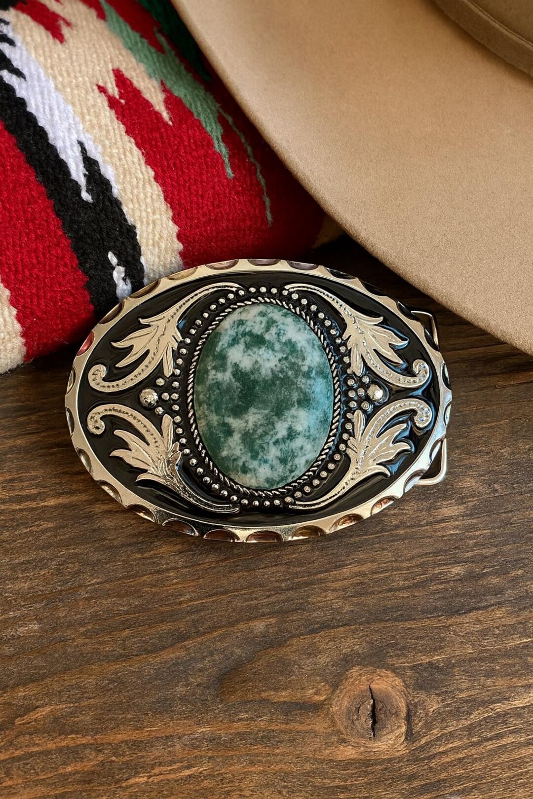 Green Stone Belt Buckle: Western Silver Engraved Design - Etsy