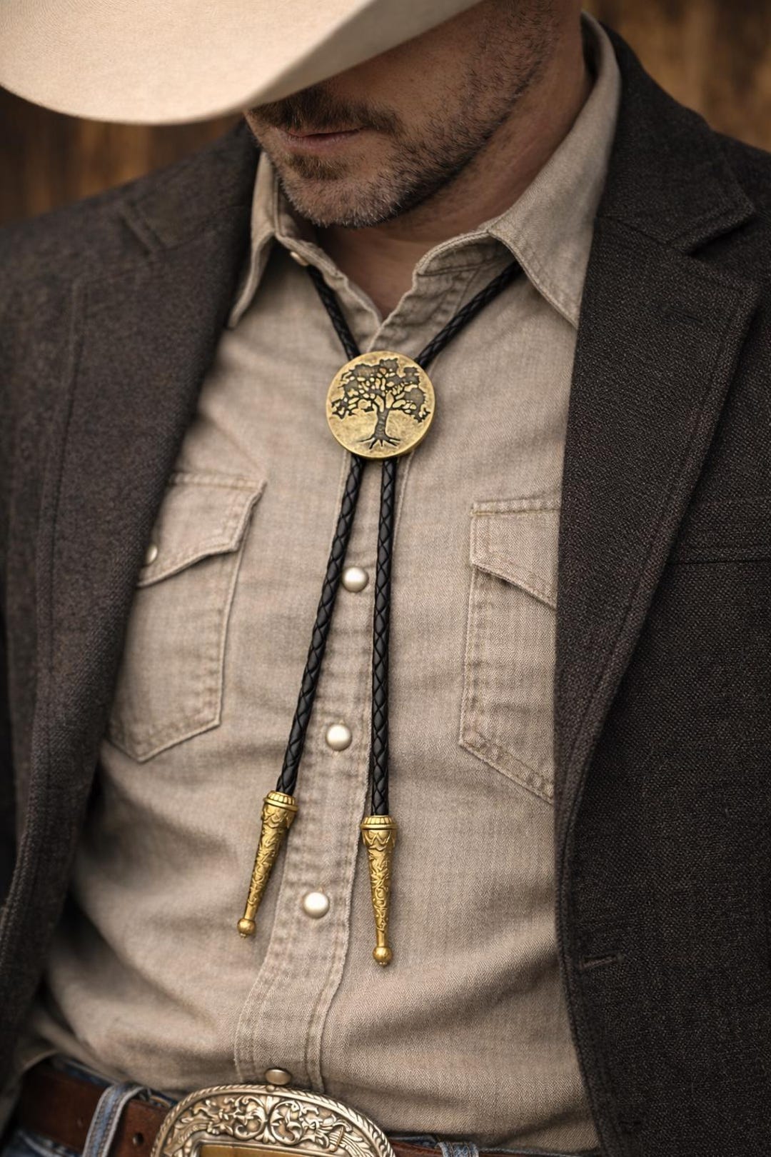 Oak Tree Bolo Tie : Engraved Pendant, Leather Cowboy Necklace - Etsy