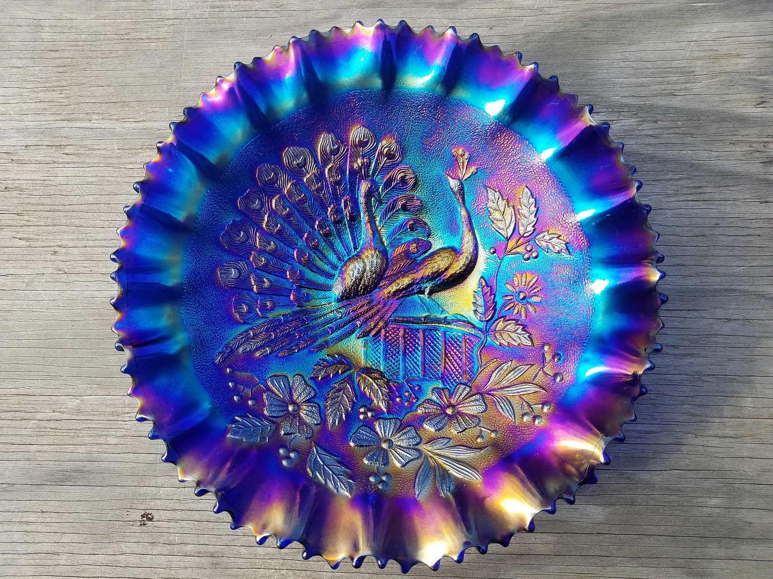 Northwood Carnival Glass Electric Blue Stippled Peacocks Pie Crust Edge ...