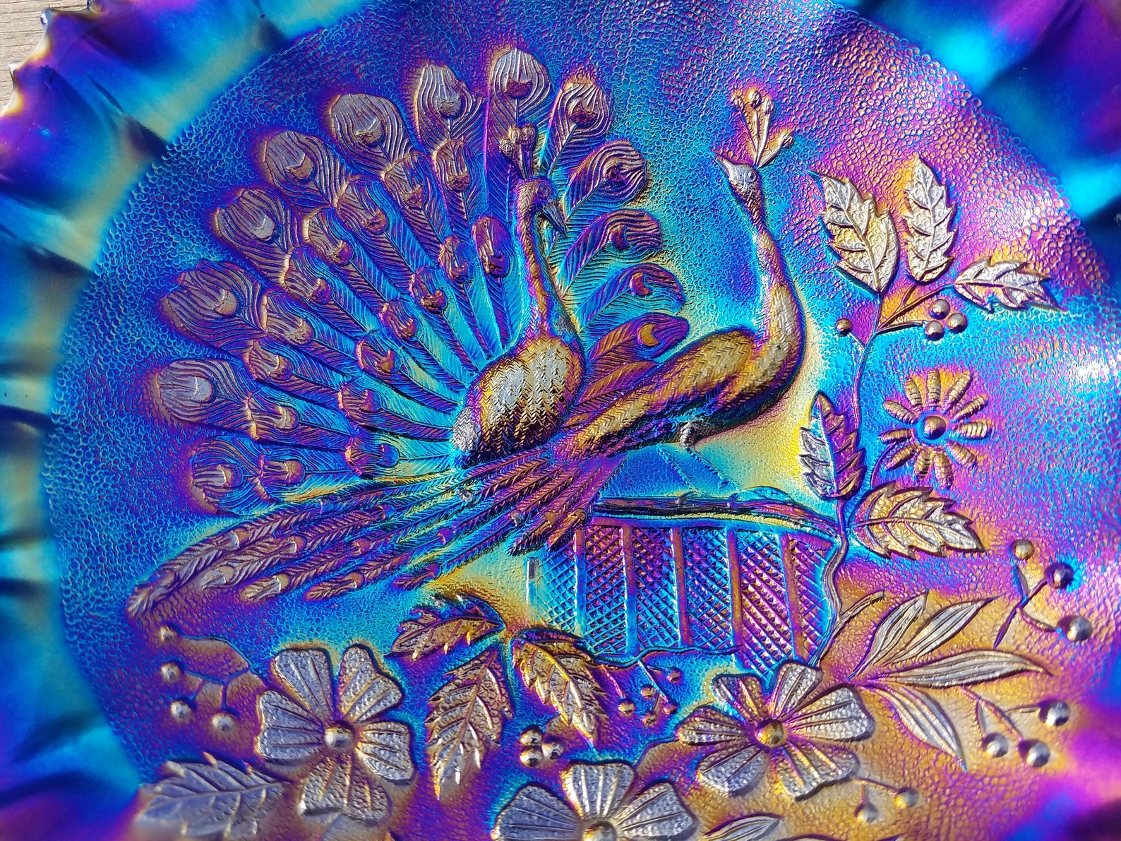 Northwood Carnival Glass Electric Blue Stippled Peacocks Pie Crust Edge ...