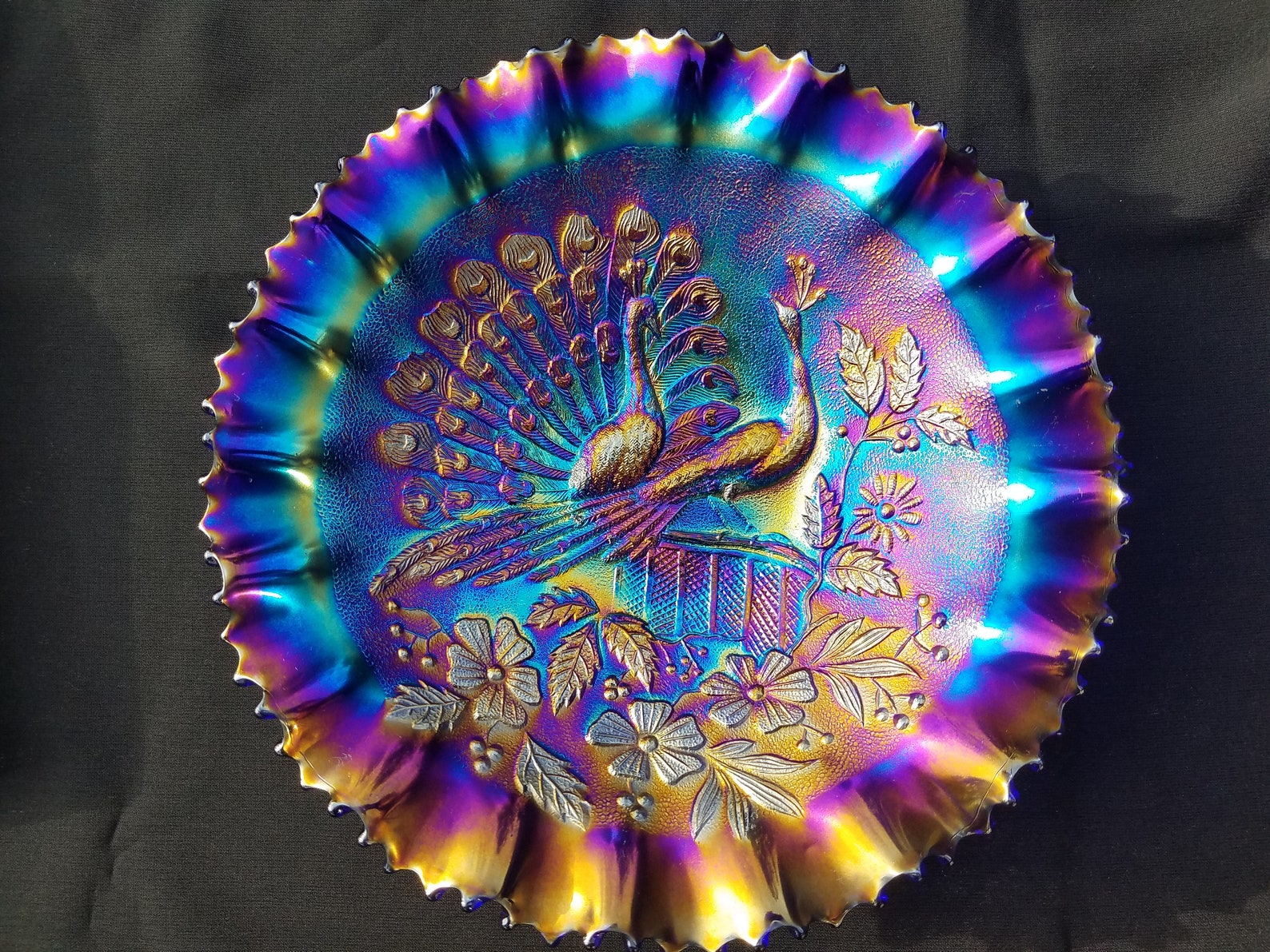 Northwood Carnival Glass Electric Blue Stippled Peacocks Pie Crust Edge ...