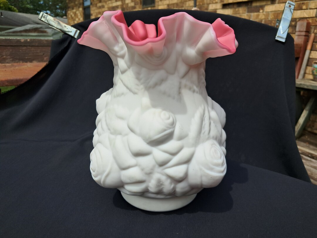 Fenton Art Glass White Satin With Pink Cased Interior Puffy Rose Vase ...