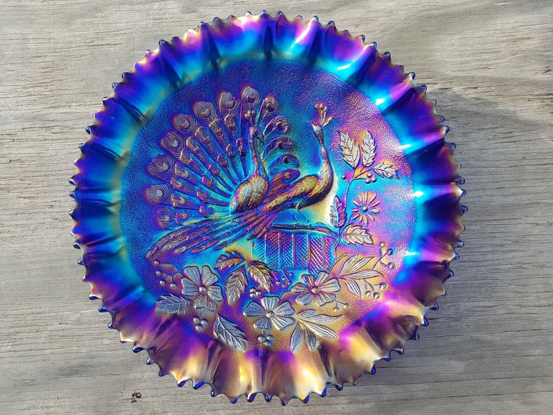 Northwood Carnival Glass Electric Blue Stippled Peacocks Pie - Etsy