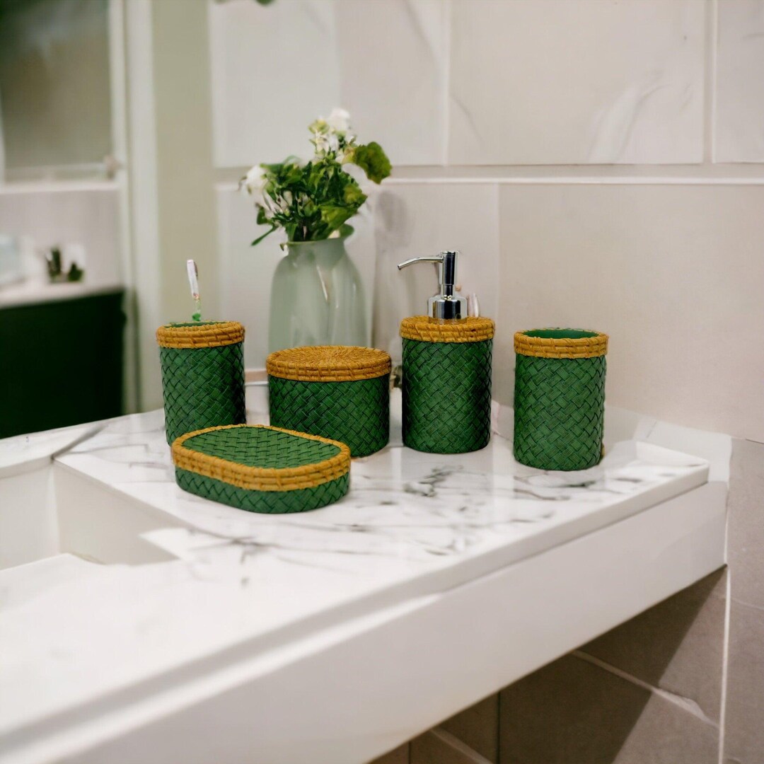 5 Piece Bathroom Set in Beige & Green Color Basket Weave - Etsy