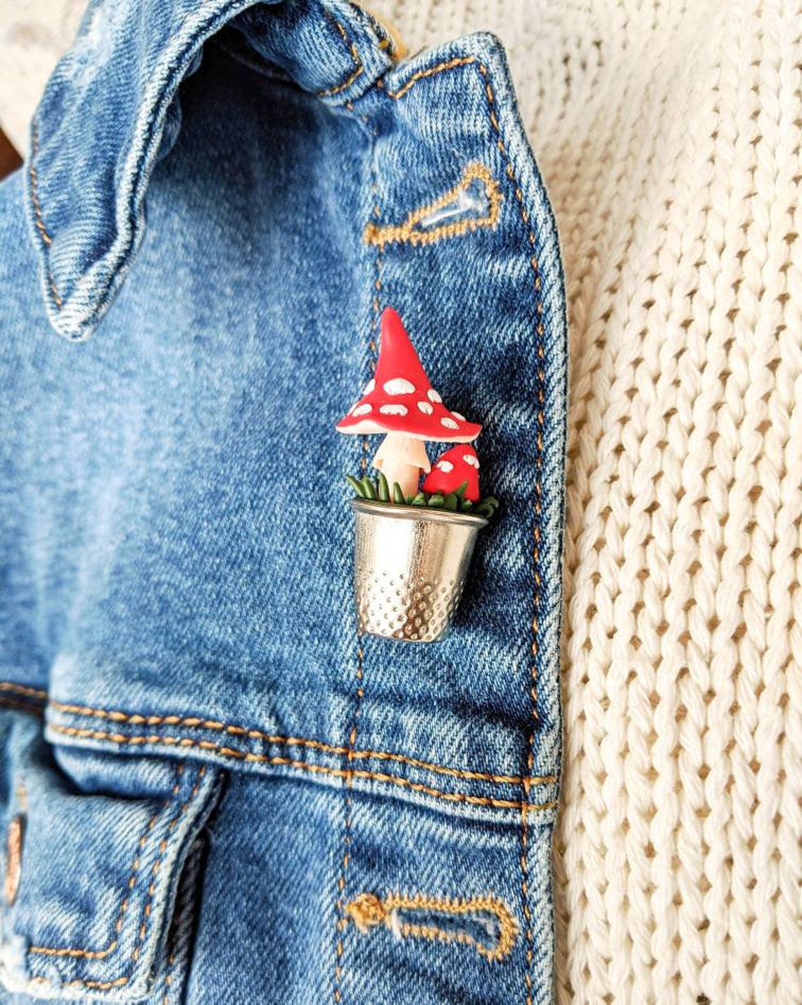Red Mushroom Lapel Pin | Thimble and Polymer Clay Brooch - Etsy