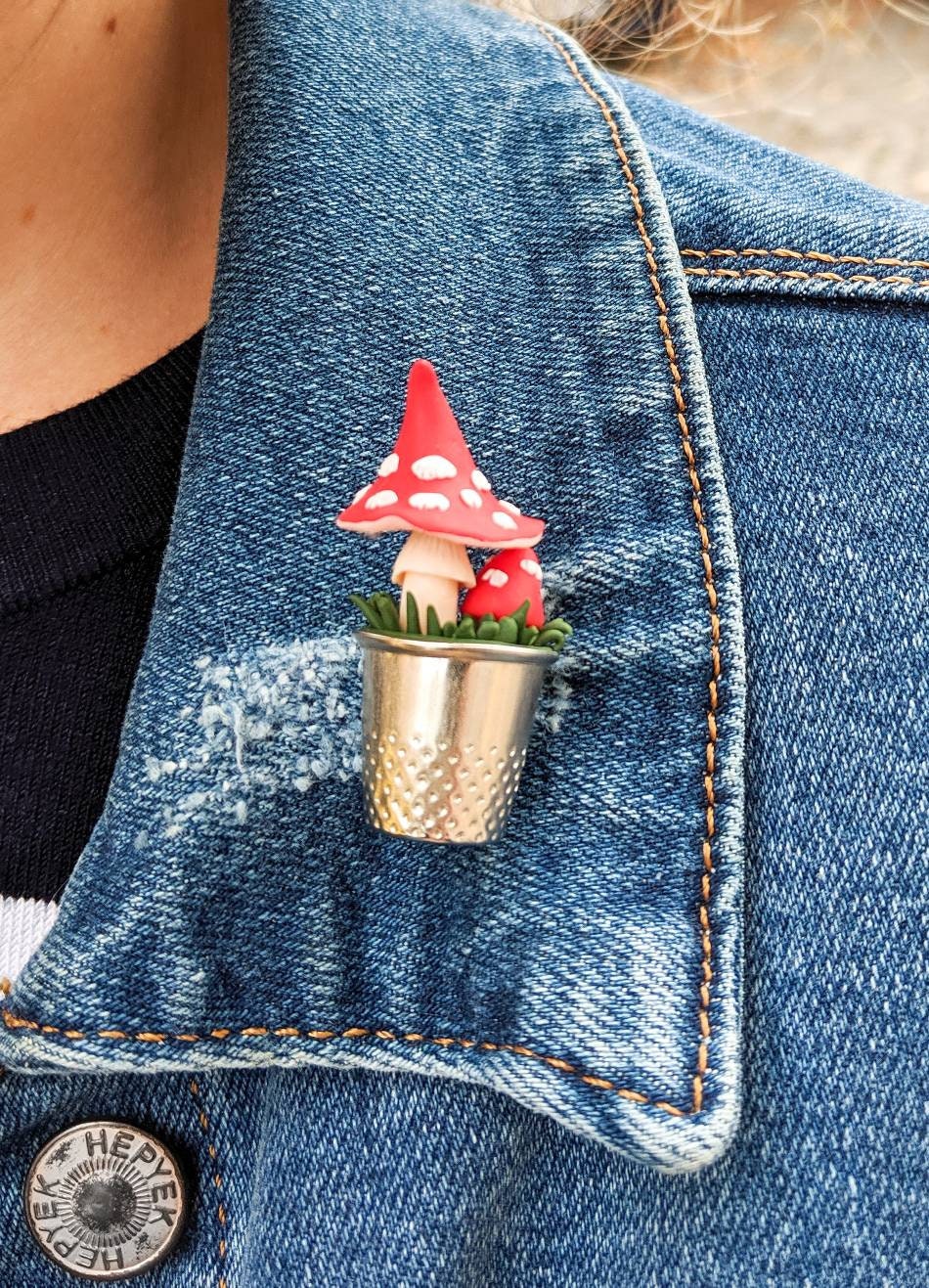 Red Mushroom Lapel Pin | Thimble and Polymer Clay Brooch - Etsy