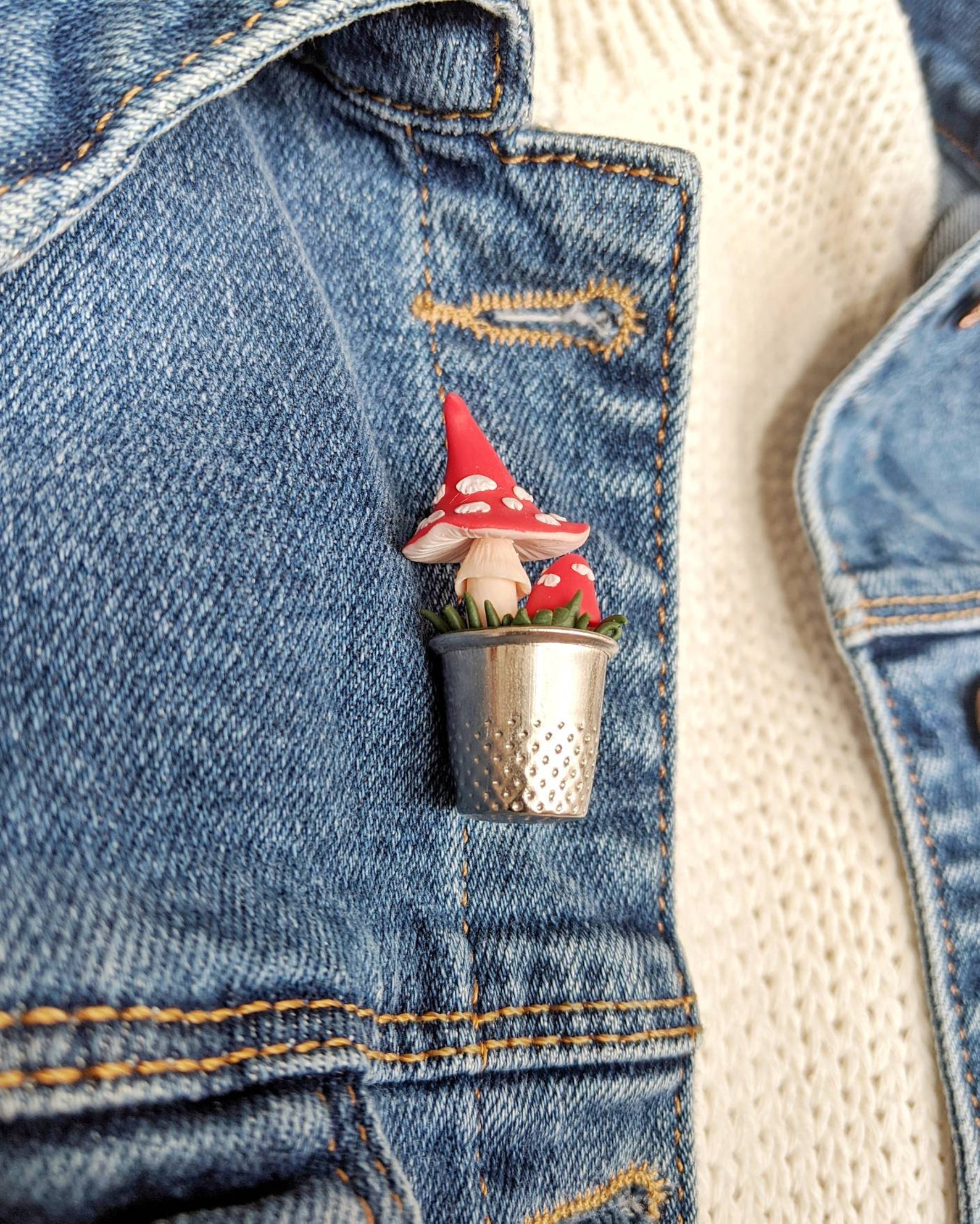 Red Mushroom Lapel Pin | Thimble and Polymer Clay Brooch - Etsy